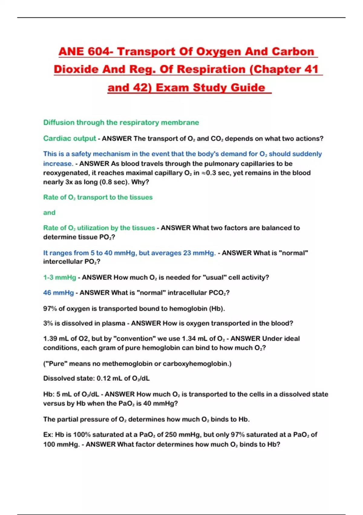 ANE 604- Transport Of Oxygen And Carbon Dioxide And Reg. Of Respiration (Chapter 41 and 42) Exam ...