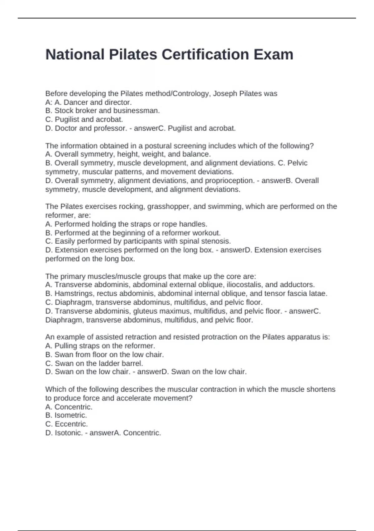 National Pilates Certification Exam Questions with Correct Answers ...