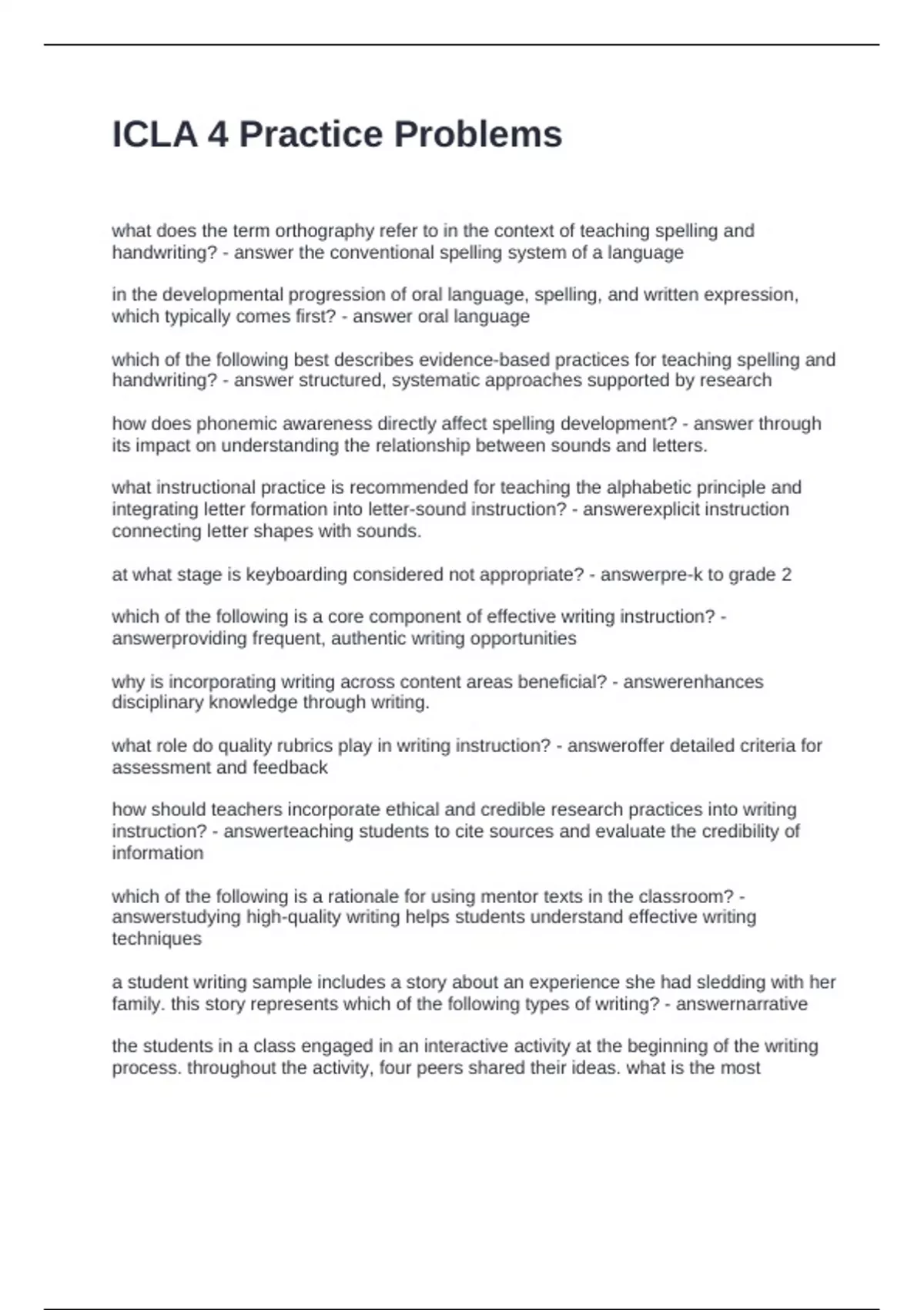 ICLA 4 Practice Problems Questions with Solutions - ICLA - Stuvia US