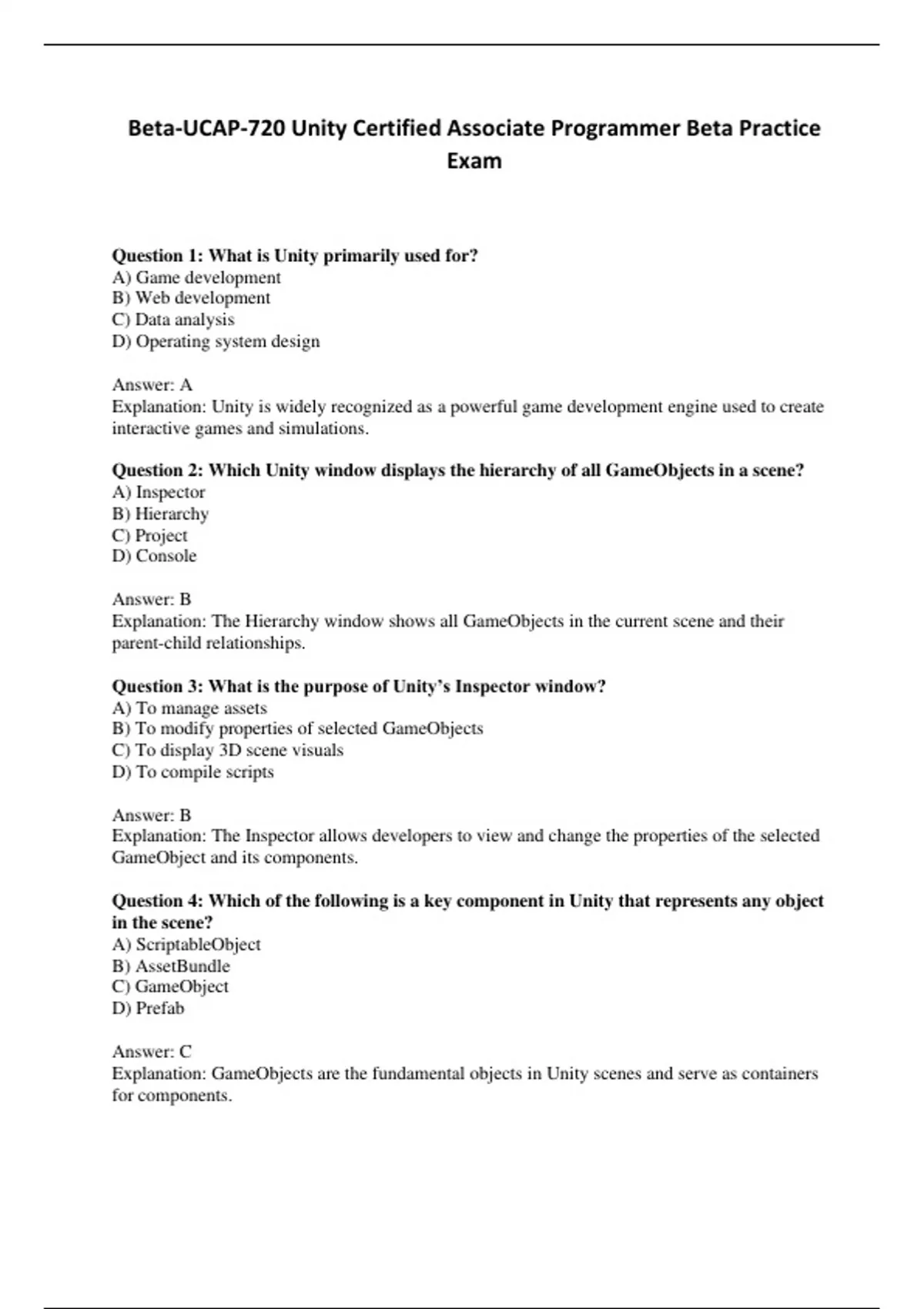 Beta-UCAP-720 Unity Certified Associate Programmer Beta Practice Exam ...