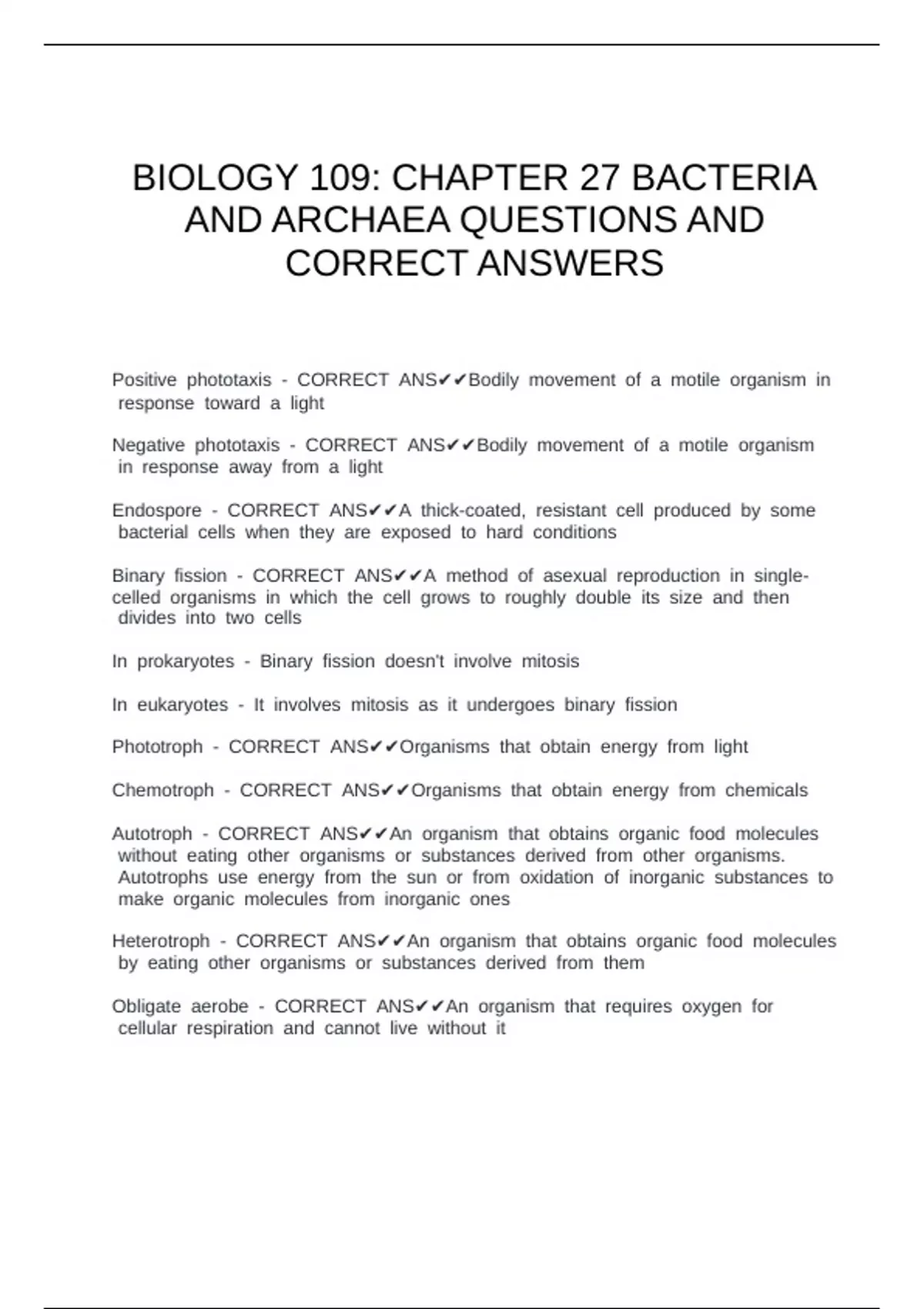 BIOLOGY 109: CHAPTER 27 BACTERIA AND ARCHAEA QUESTIONS AND CORRECT ANSWERS - Bio 109 - Stuvia US