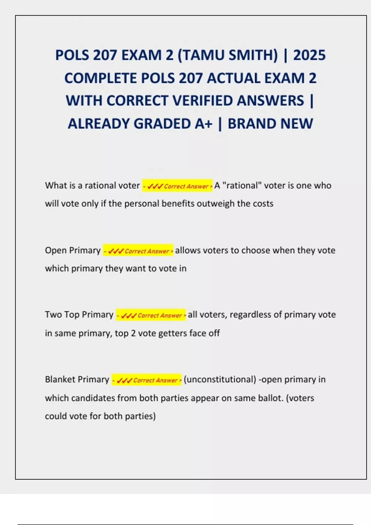 POLS 207 EXAM 2 (TAMU SMITH) | 2025 COMPLETE POLS 207 ACTUAL EXAM 2 ...