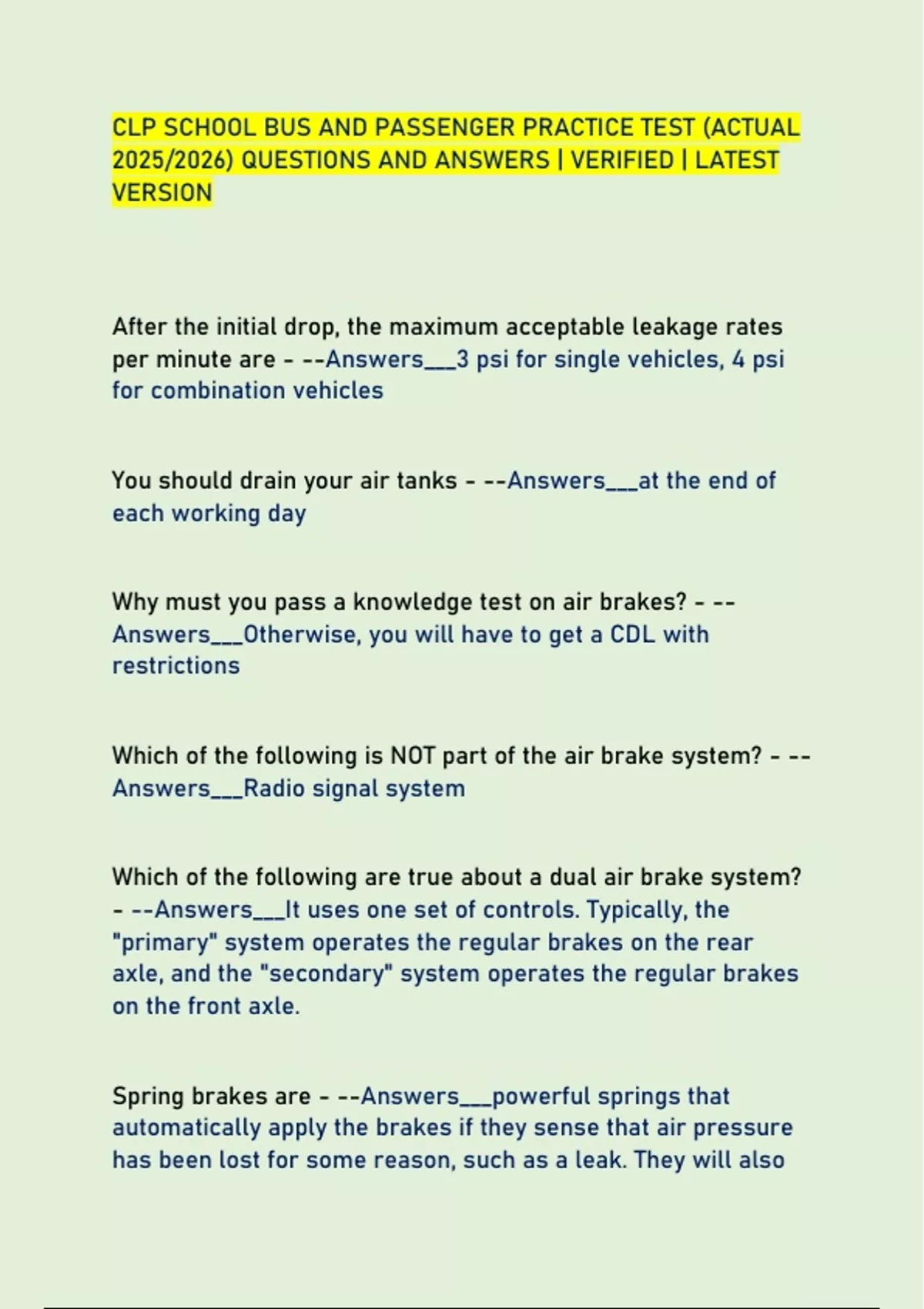 CLP SCHOOL BUS AND PASSENGER PRACTICE TEST (ACTUAL 2025/2026) QUESTIONS ...
