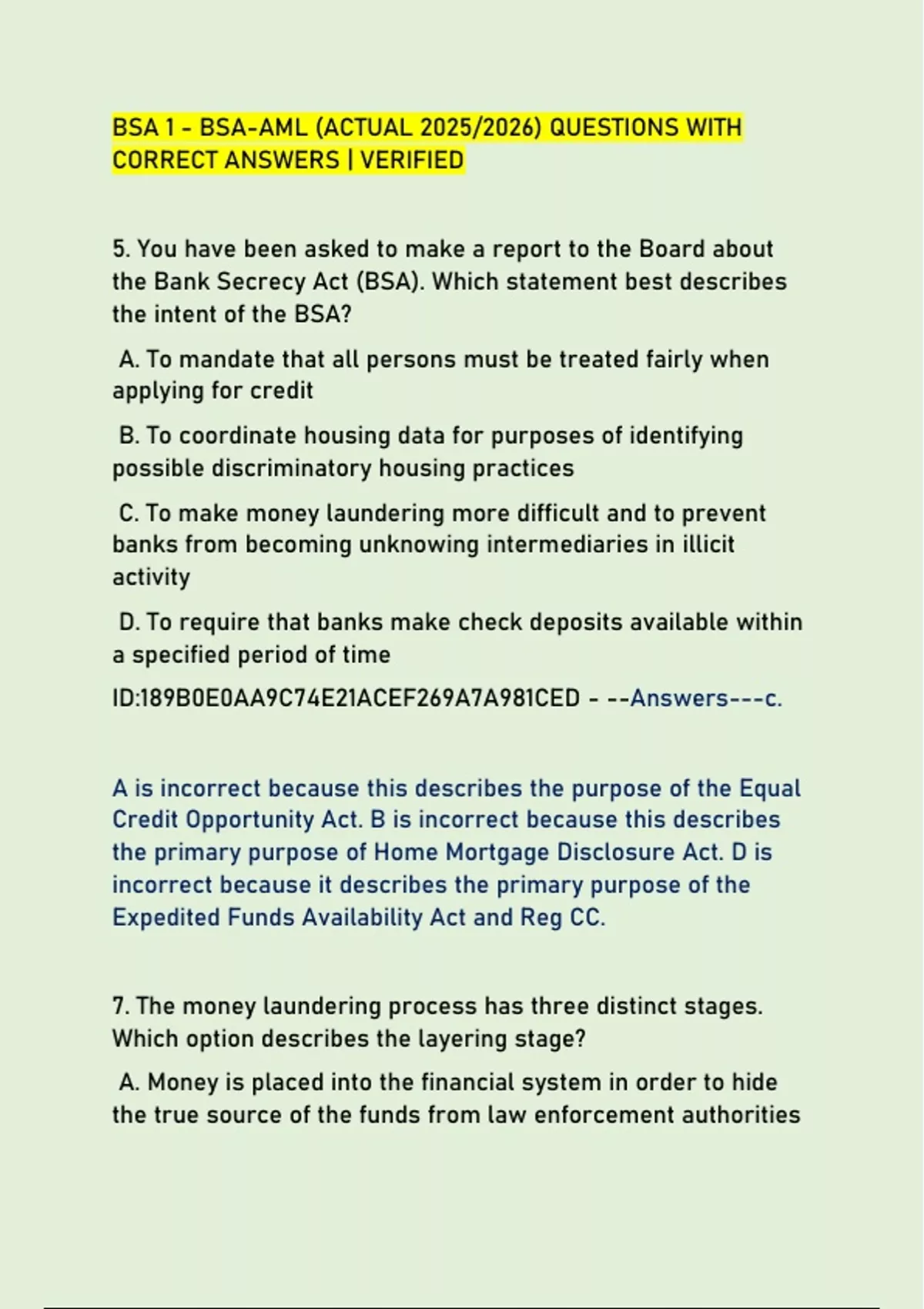 BSA 1 - BSA-AML (ACTUAL 2025/2026) QUESTIONS WITH CORRECT ANSWERS ...
