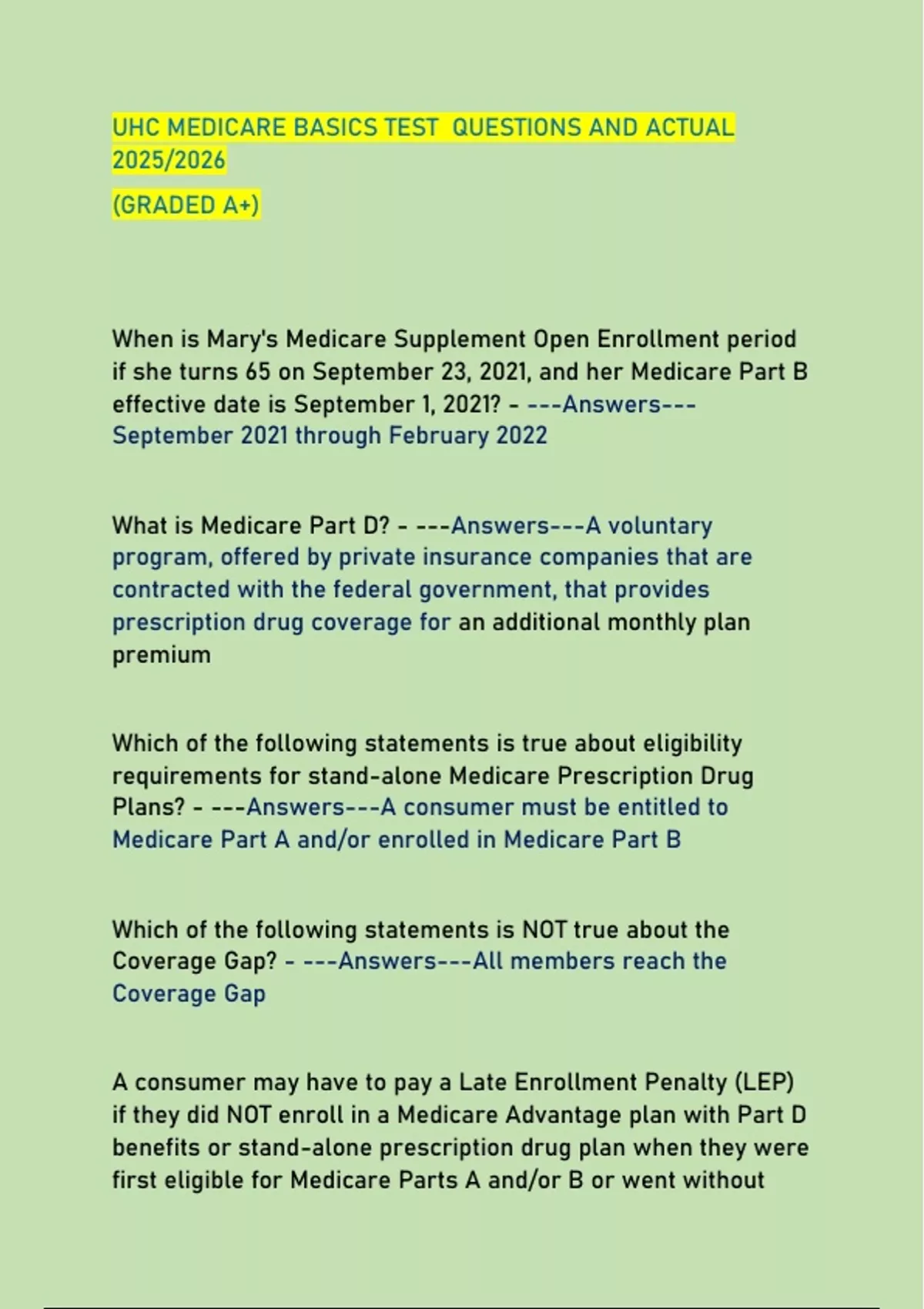 UHC MEDICARE BASICS TEST QUESTIONS AND ACTUAL 2025/2026 (GRADED A+ ...
