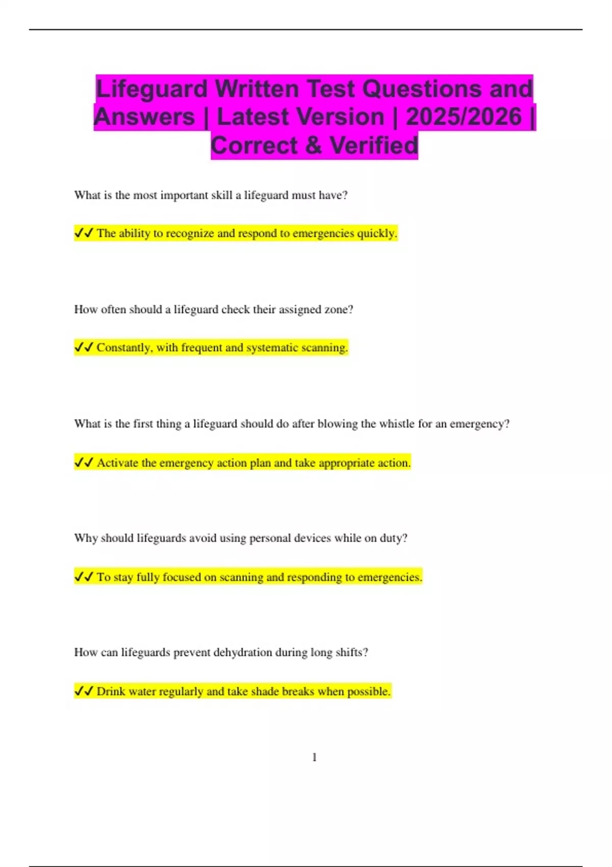 Lifeguard Written Test Questions and Answers | Latest Version | 2025/ ...