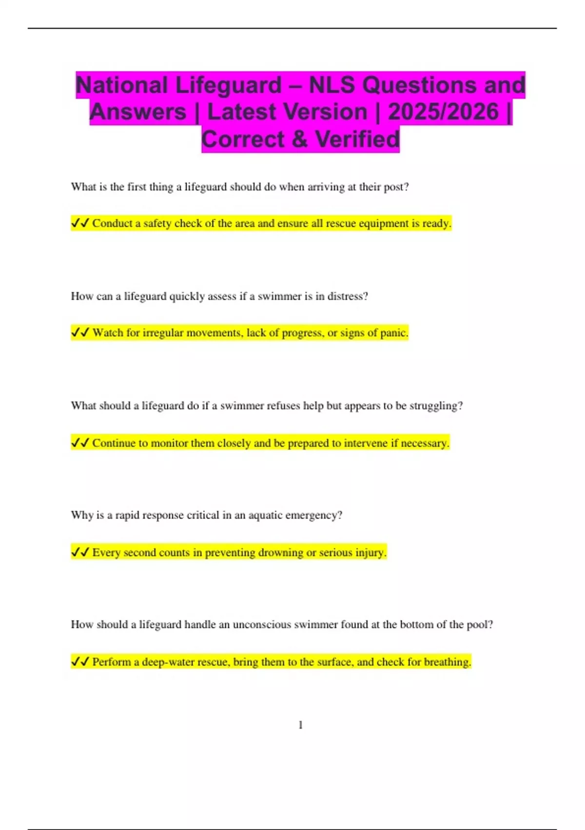 National Lifeguard – NLS Questions and Answers | Latest Version | 2025/ ...
