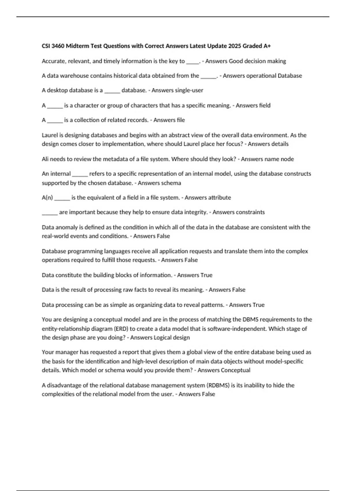 CSI 3460 Midterm Test Questions with Correct Answers Latest Update 2025 ...