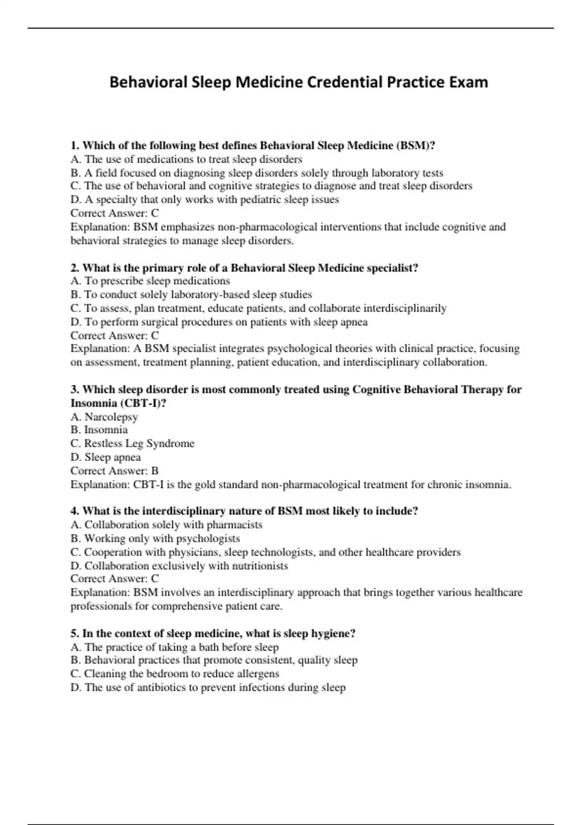 Behavioral Sleep Medicine Credential Practice Exam - Computers - Stuvia US