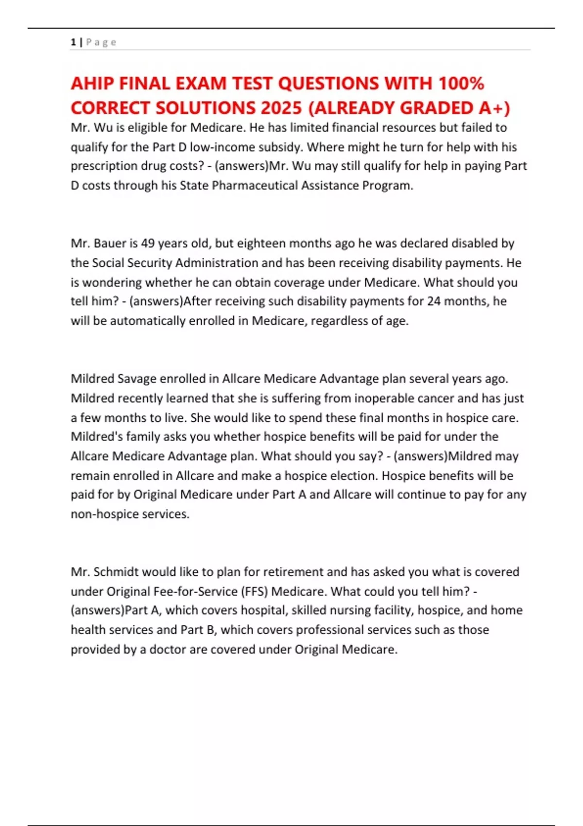 AHIP FINAL EXAM TEST QUESTIONS WITH 100% CORRECT SOLUTIONS 2025 ...