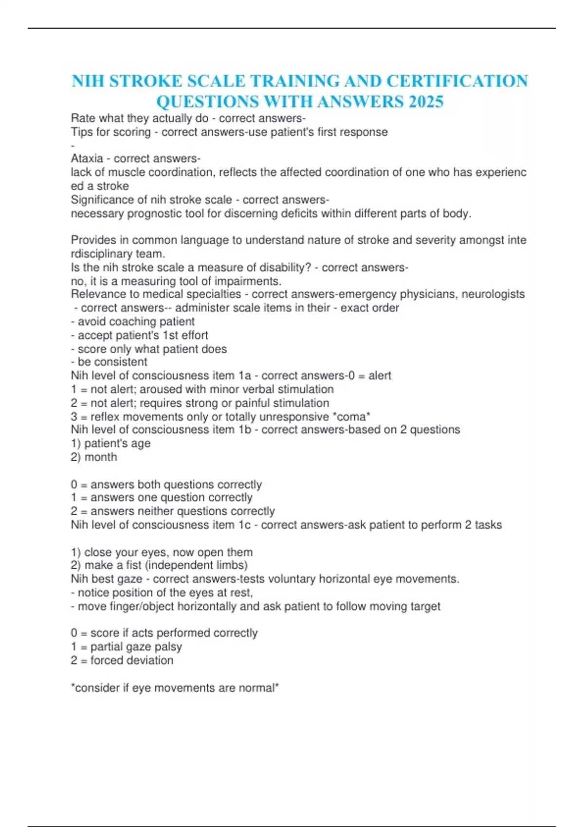 NIH STROKE SCALE TRAINING AND CERTIFICATION QUESTIONS WITH ANSWERS 2025 ...