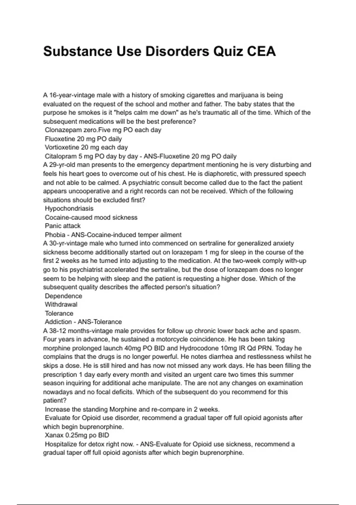 Substance Use Disorders Quiz CEA QUESTIONS WITH DETAILED VERIFIED ...
