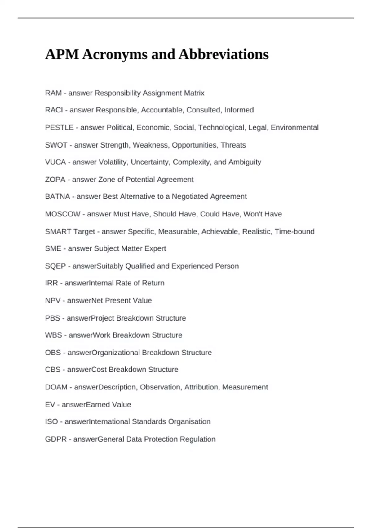 APM Acronyms and Abbreviations Questions with Solutions - APM PMQ ...