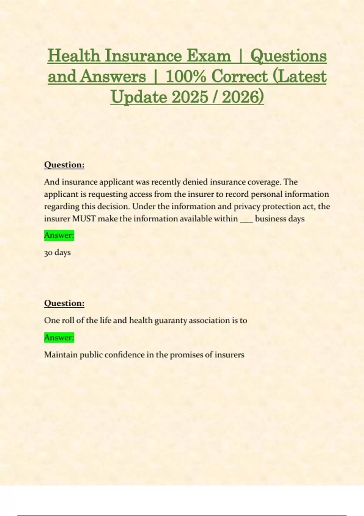 Health Insurance Exam Questions And Answers 100 Correct Latest Update 2025 2026