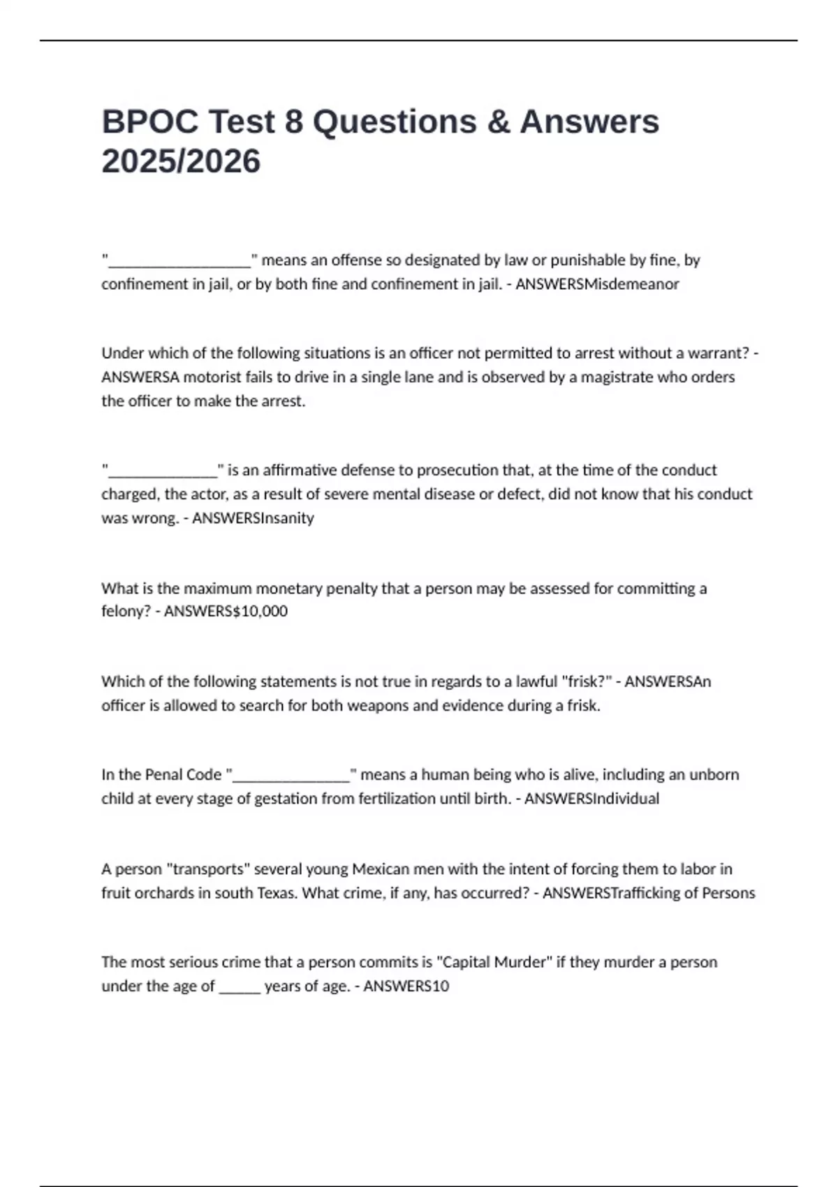 BPOC Test 8 Questions & Answers 2025/2026 - BPOC - Stuvia US