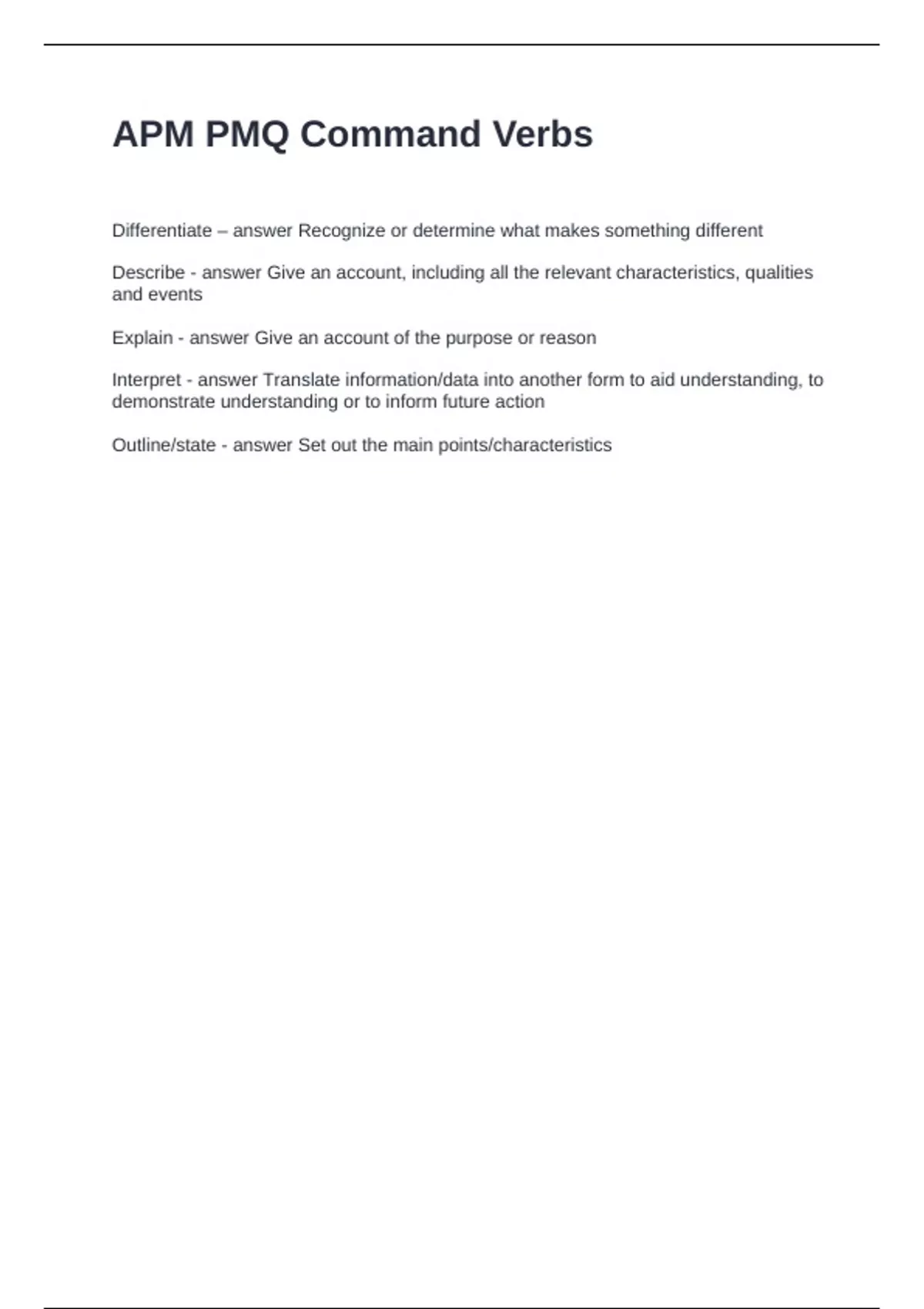 APM PMQ Command Verbs Questions with Solutions - APM PMQ - Stuvia US