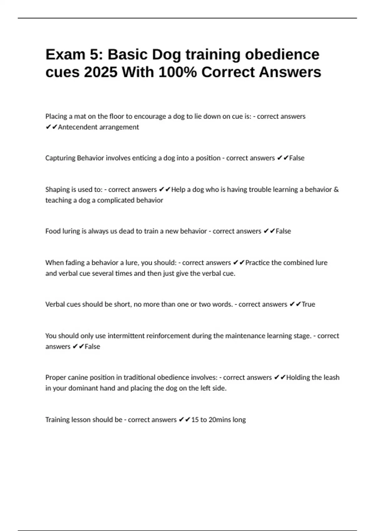 Exam 5: Basic Dog training obedience cues 2025 With 100% Correct ...