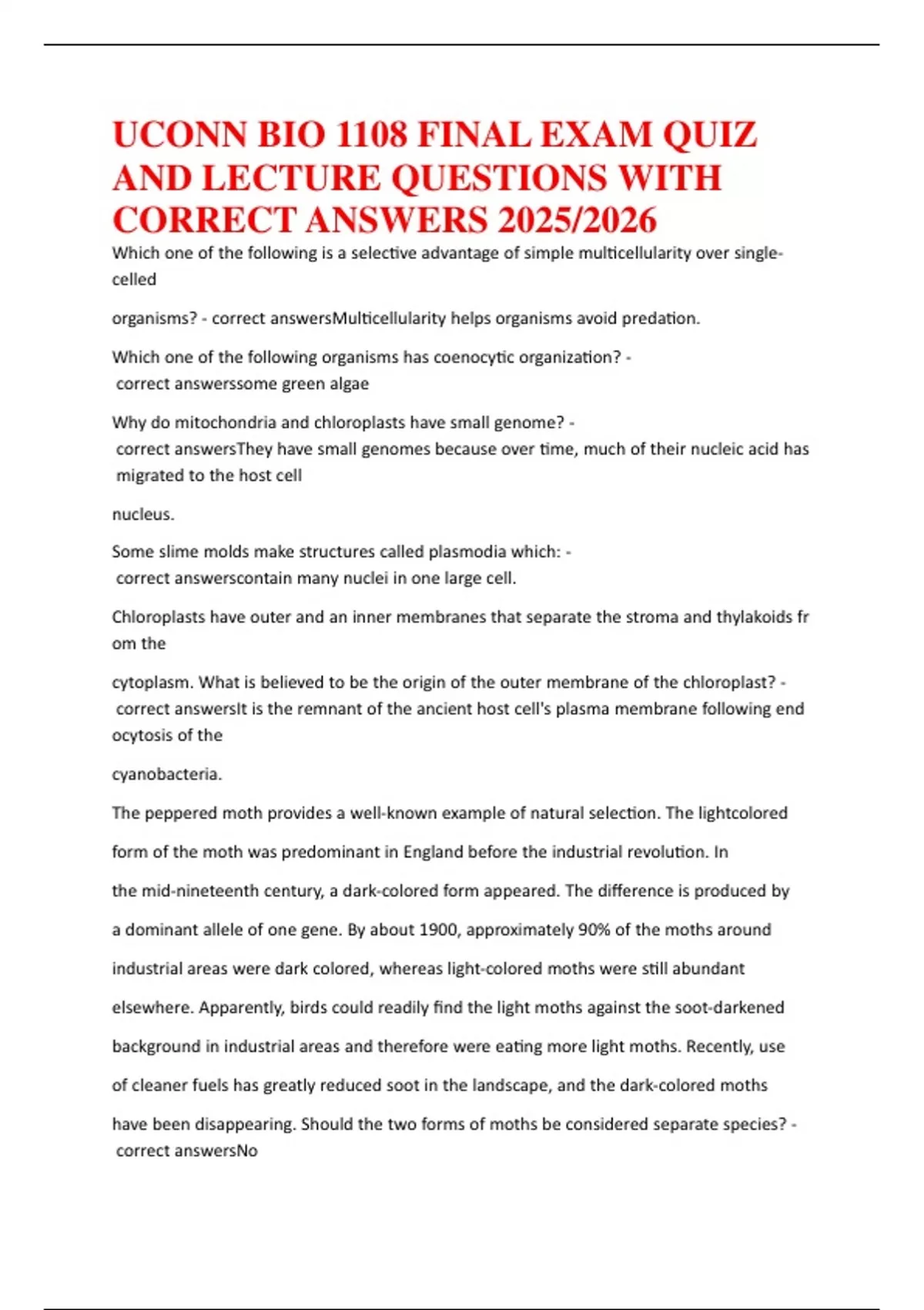 UCONN BIO 1108 FINAL EXAM QUIZ AND LECTURE QUESTIONS WITH CORRECT ANSWERS 2025 - BCH5413 - Stuvia US