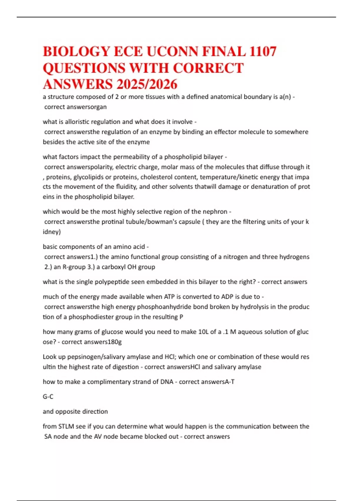 BIOLOGY ECE UCONN FINAL 1107 QUESTIONS WITH CORRECT ANSWERS 2025 ...