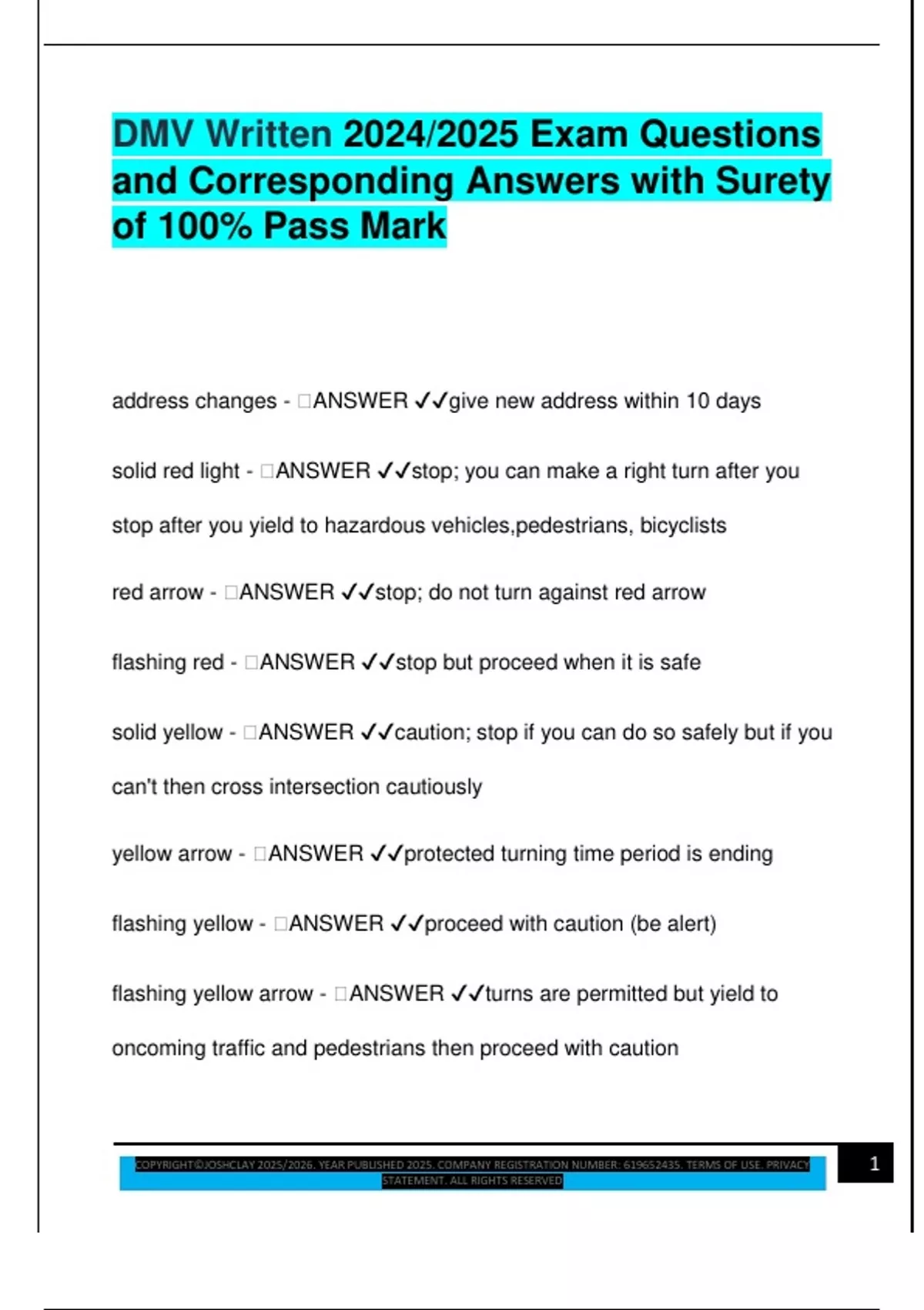 DMV Written 2024/2025 Exam Questions and Corresponding Answers with ...