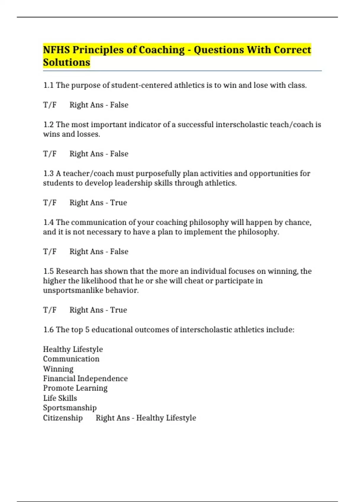 NFHS Principles of Coaching - Questions With Correct Solutions - NFHS ...