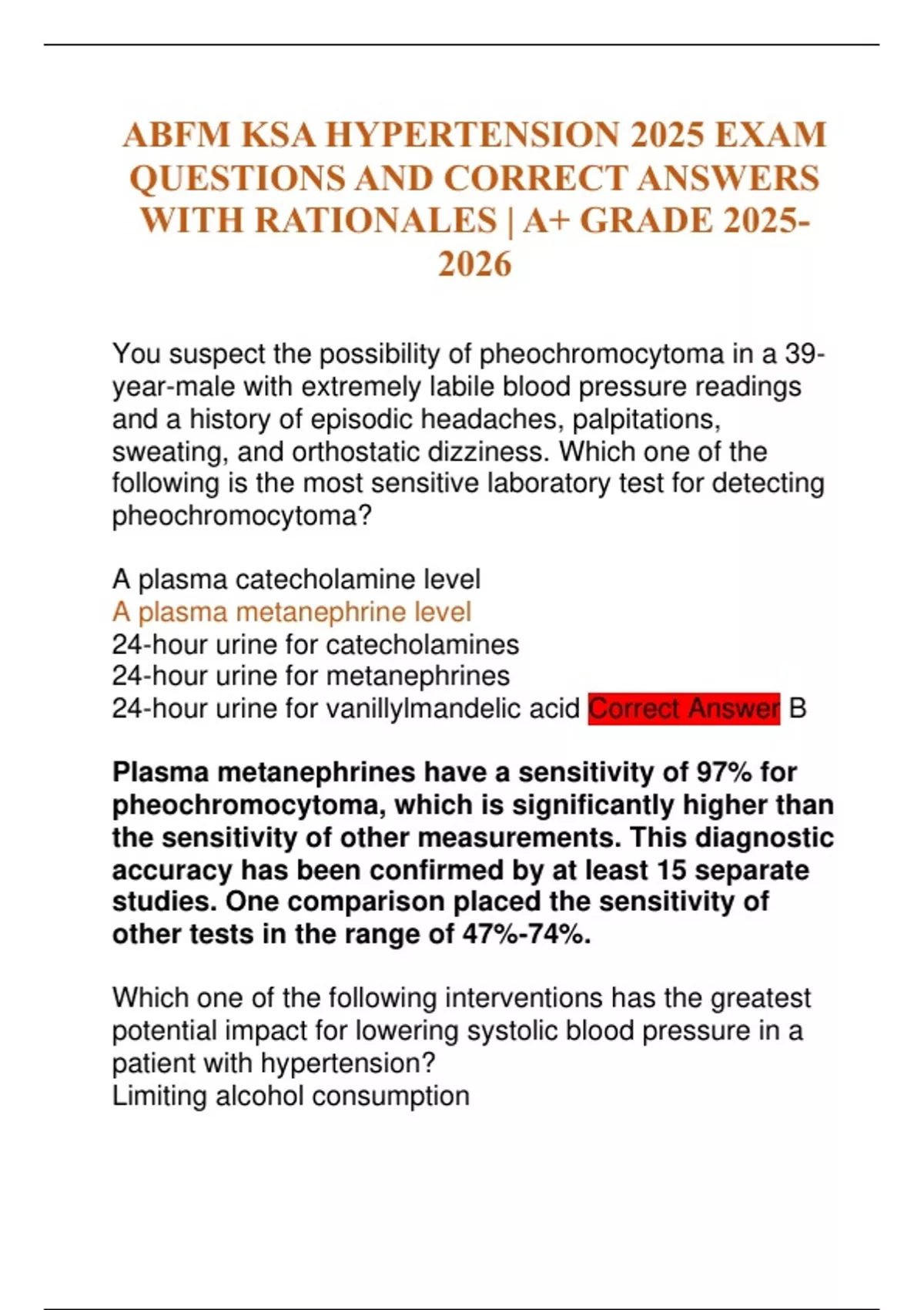 ABFM KSA HYPERTENSION 2025 EXAM QUESTIONS AND CORRECT ANSWERS WITH ...