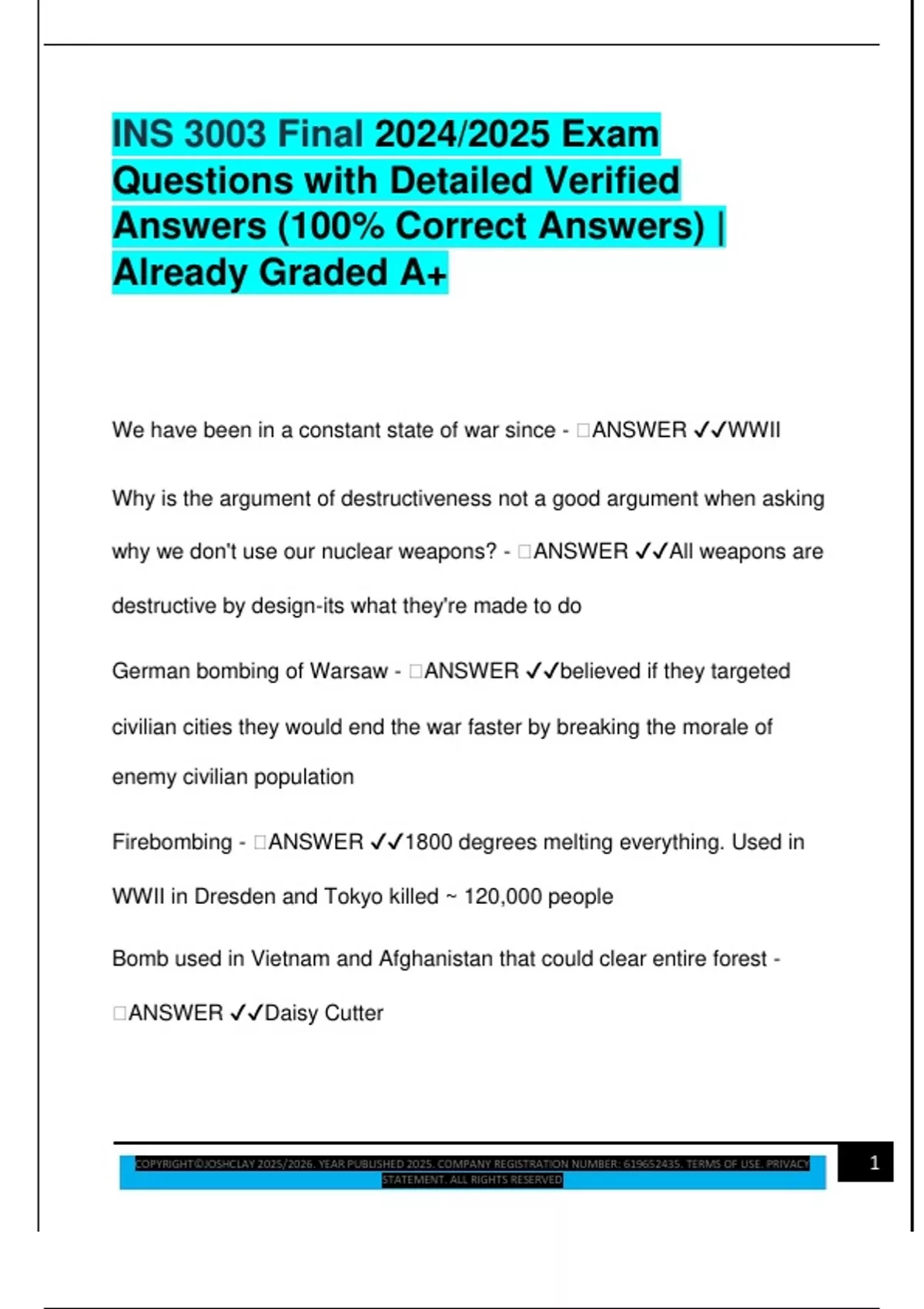 INS 3003 Final 2024/2025 Exam Questions with Detailed Verified Answers (100% Correct Answers ...
