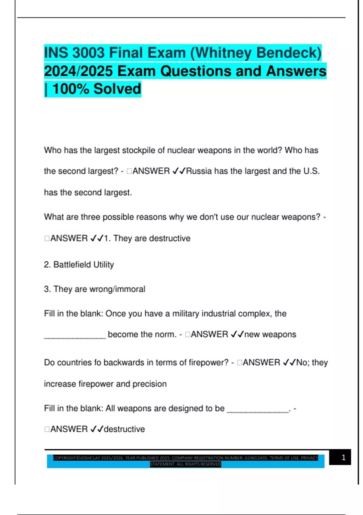INS 3003 Final Exam (Whitney Bendeck) 2024/2025 Exam Questions and Answers | 100% Solved - INS ...