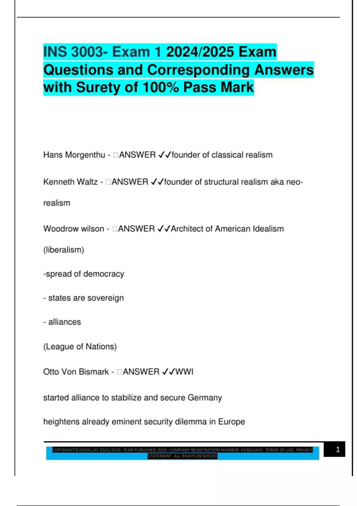 INS 3003- Exam 1 2024/2025 Exam Questions and Corresponding Answers ...