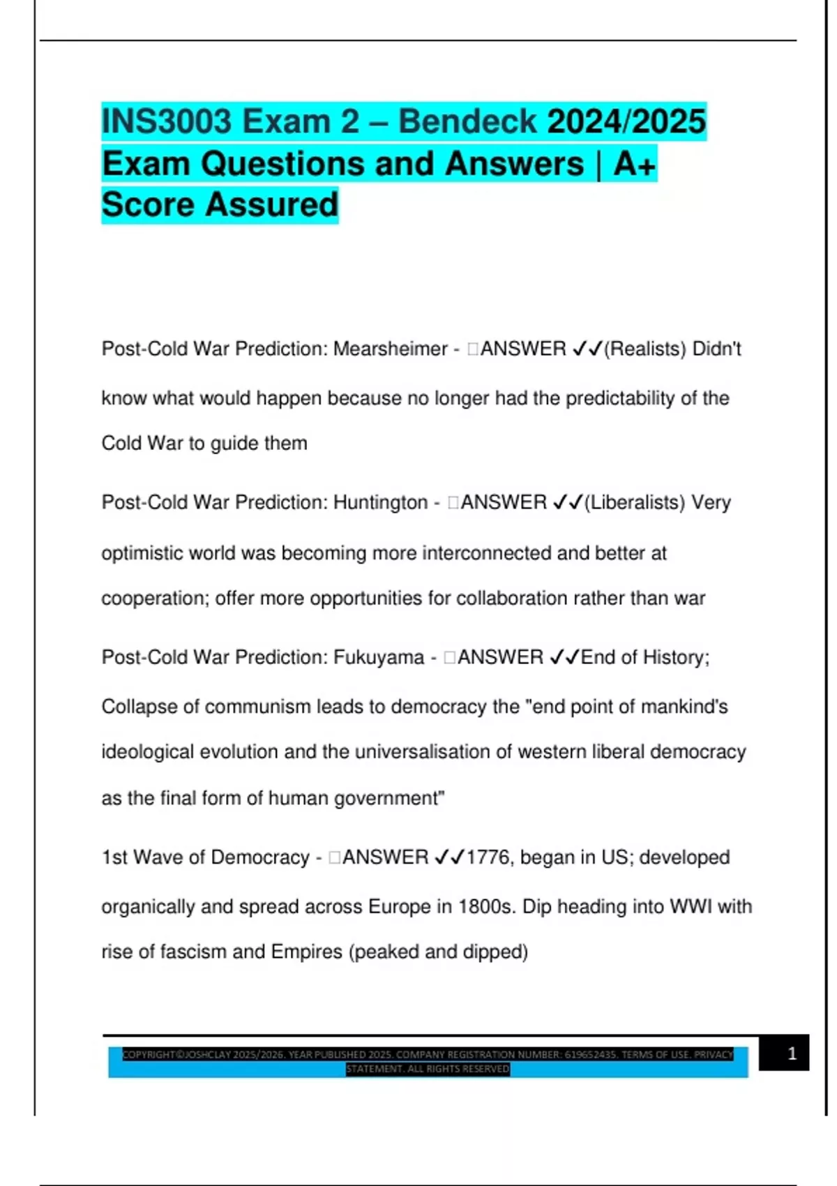 INS3003 Exam 2 – Bendeck 2024/2025 Exam Questions and Answers | A+ ...