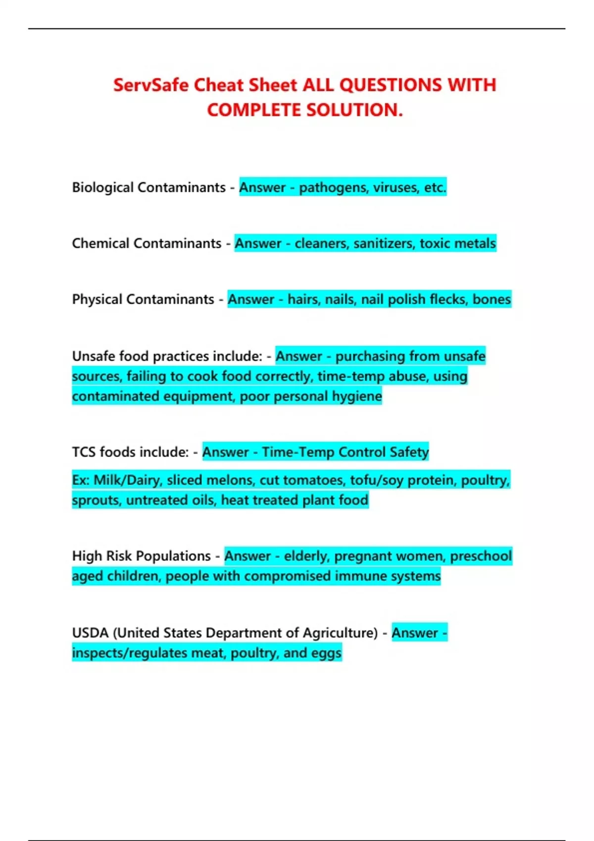 ServSafe Cheat Sheet ALL QUESTIONS WITH COMPLETE SOLUTION. - ServSafe ...