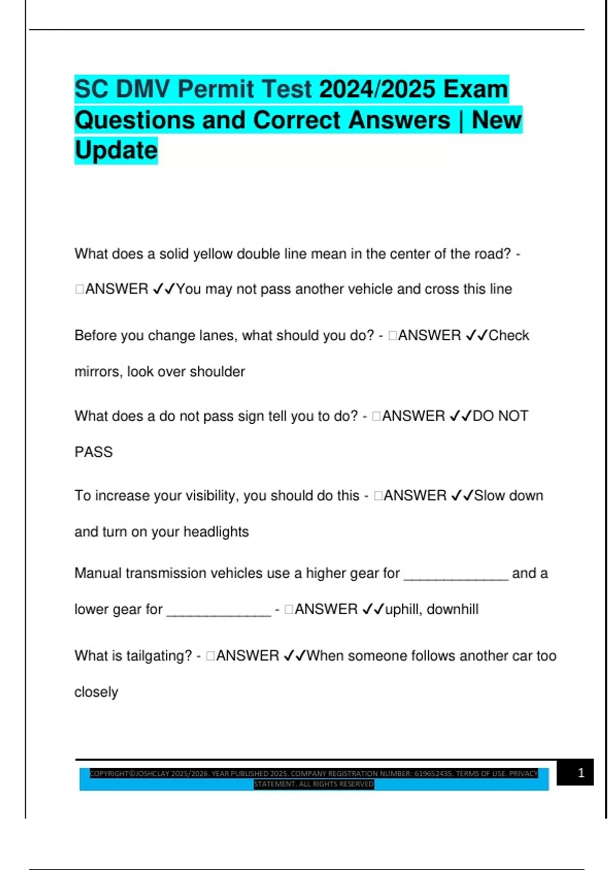 SC DMV Permit Test 2024/2025 Exam Questions and Correct Answers | New ...