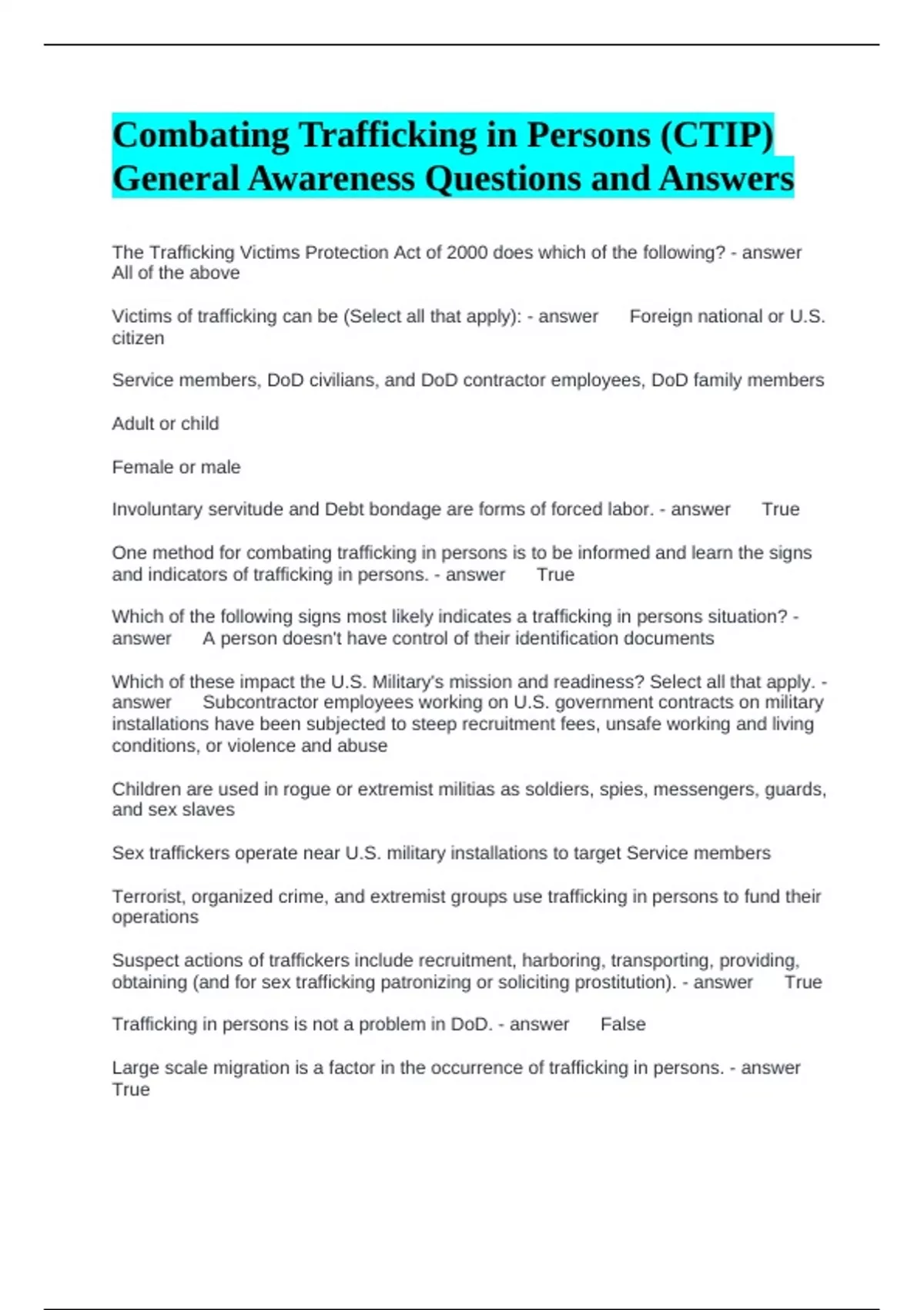 Combating Trafficking in Persons (CTIP) General Awareness Questions and ...