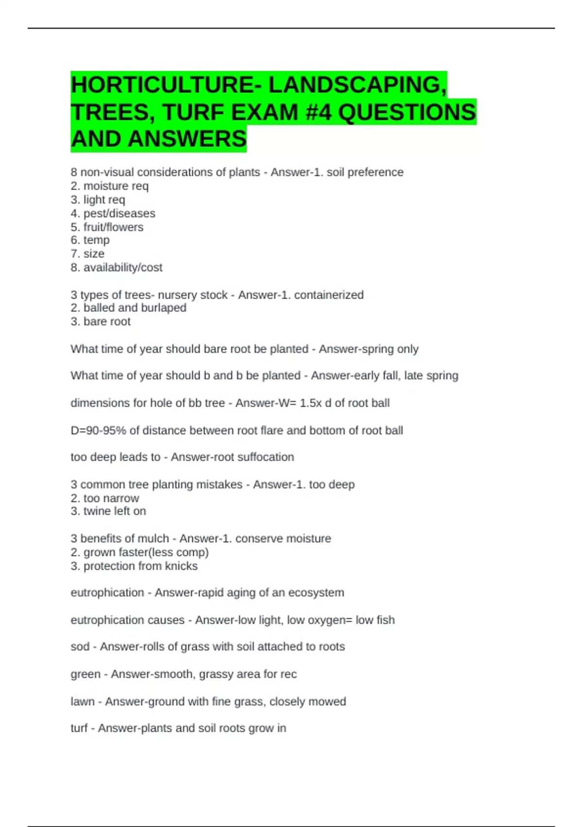 HORTICULTURE- LANDSCAPING, TREES, TURF EXAM #4 QUESTIONS AND ANSWERS ...