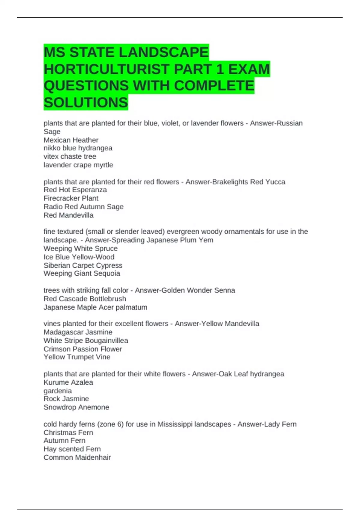 MS STATE LANDSCAPE HORTICULTURIST PART 1 EXAM QUESTIONS WITH COMPLETE ...