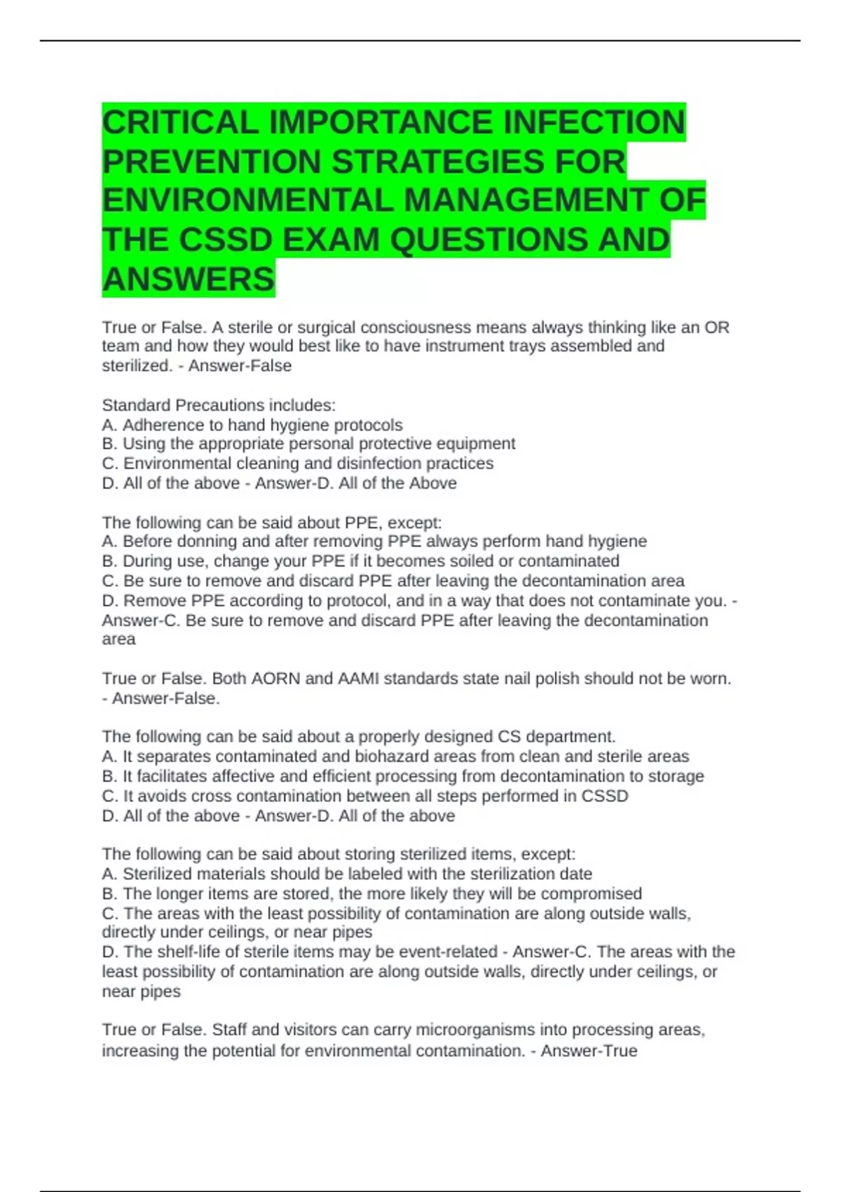 CRITICAL IMPORTANCE INFECTION PREVENTION STRATEGIES FOR ENVIRONMENTAL ...