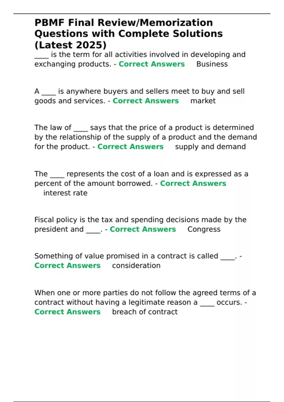 PBMF Final Review Memorization Questions with Complete Solutions ...