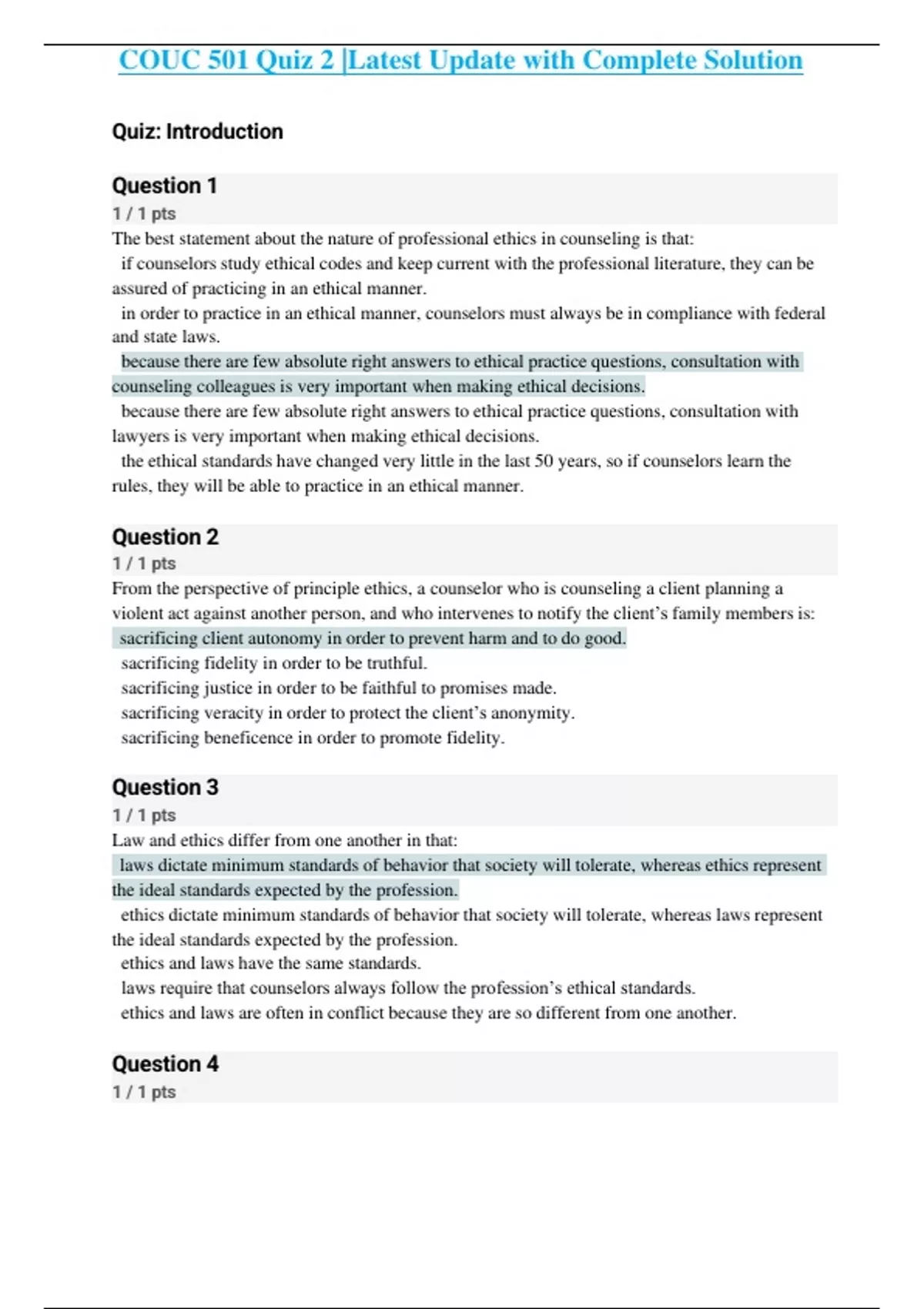 COUC 501 Quiz 2 |Latest Update with Complete Solution - COUC 501 ...