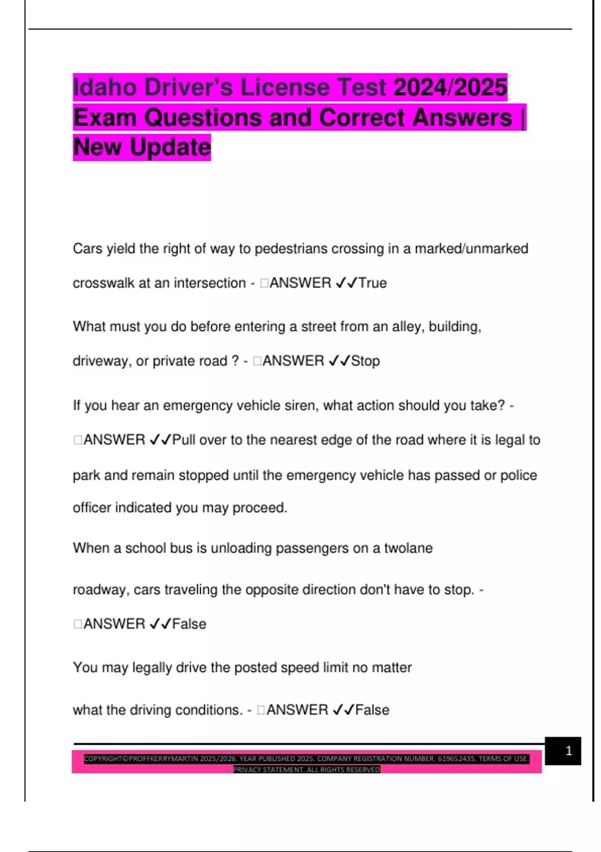 Idaho Driver's License Test 2024/2025 Exam Questions and Correct ...