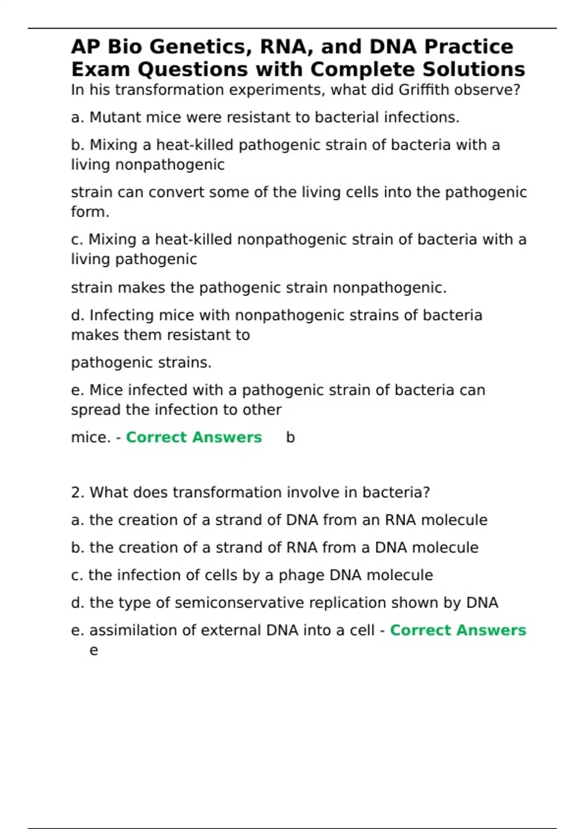 AP Bio Genetics, RNA, and DNA Practice Exam Questions with Complete ...