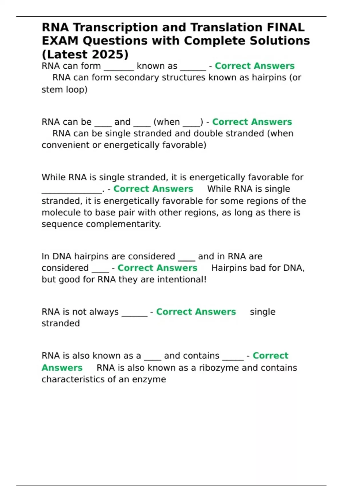 RNA Transcription and Translation FINAL EXAM Questions with Complete ...
