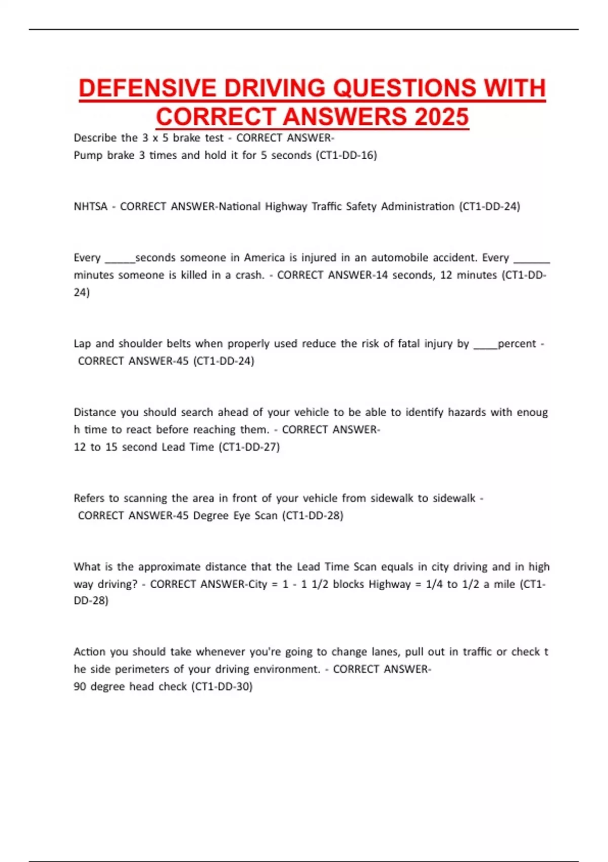 DEFENSIVE DRIVING QUESTIONS WITH CORRECT ANSWERS 2025 - NSC Defensive ...