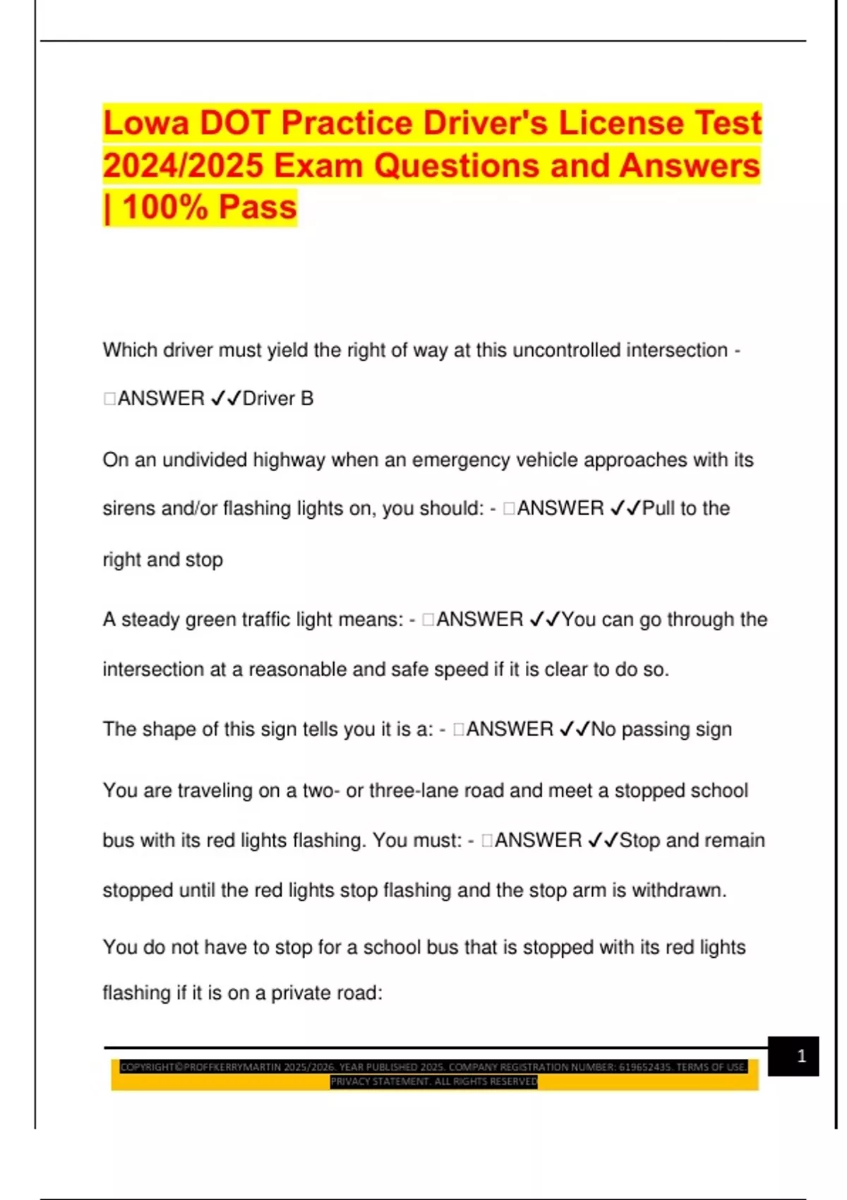 Lowa DOT Practice Driver's License Test 2024/2025 Exam Questions and ...