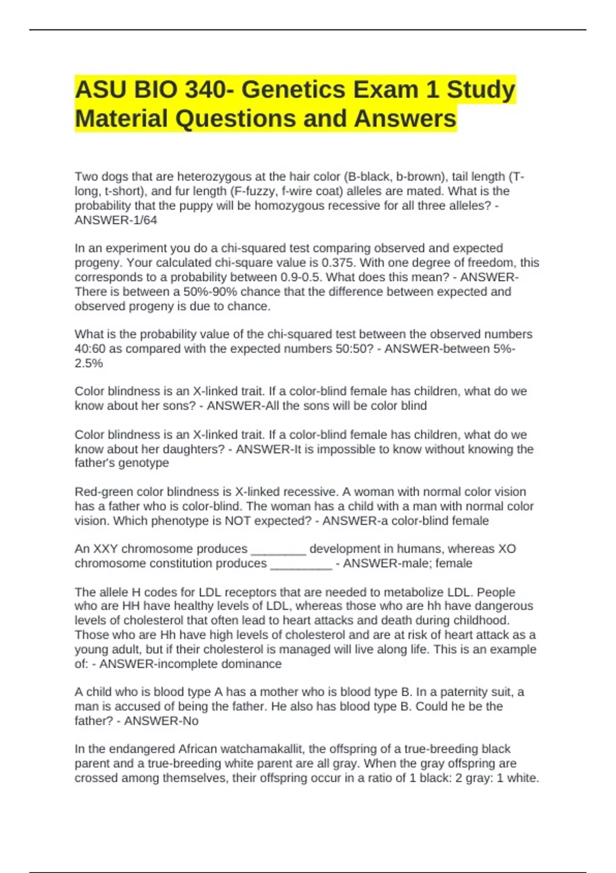 ASU BIO 340- Genetics Exam 1 Study Material Questions and Answers - Bio 340 - Stuvia US