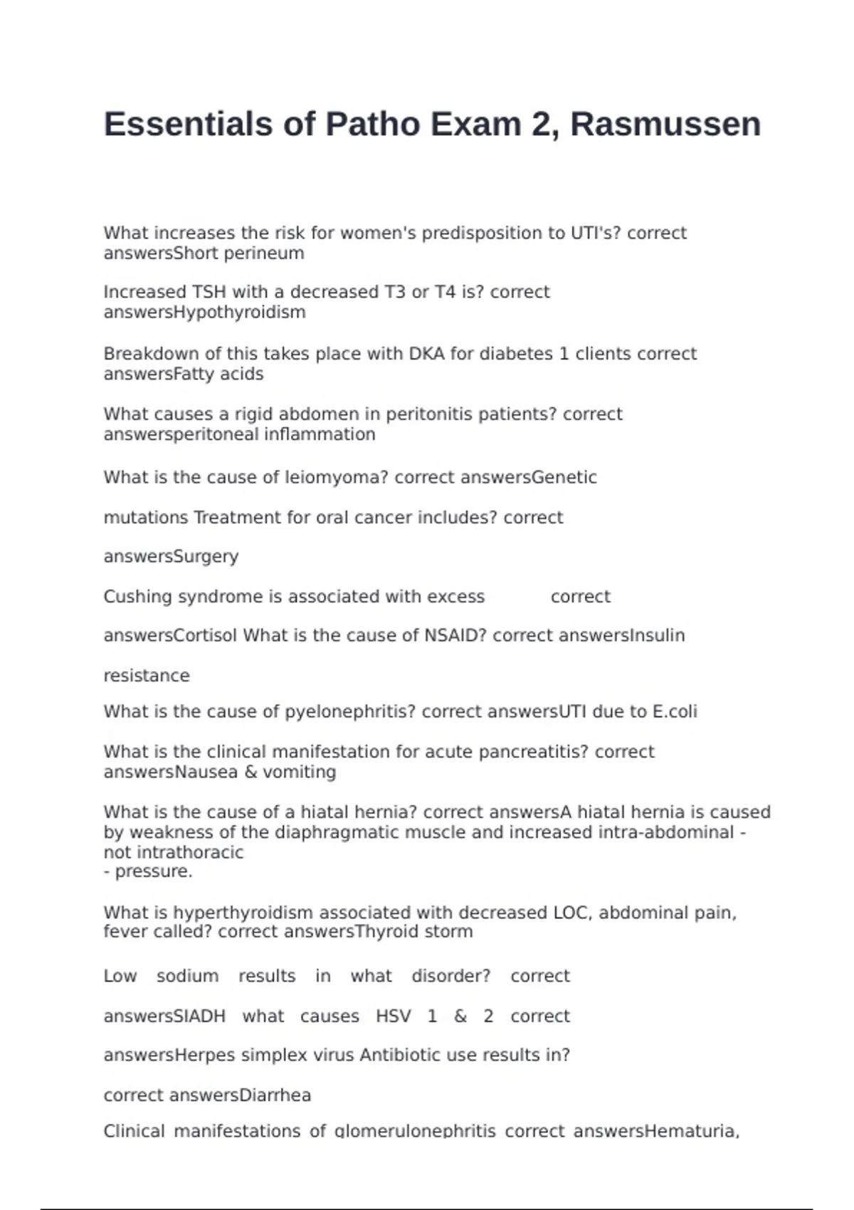 Essentials of Patho Exam 2, Rasmussen with 100% correct answers 2025 - Essentials of Patho Exa ...