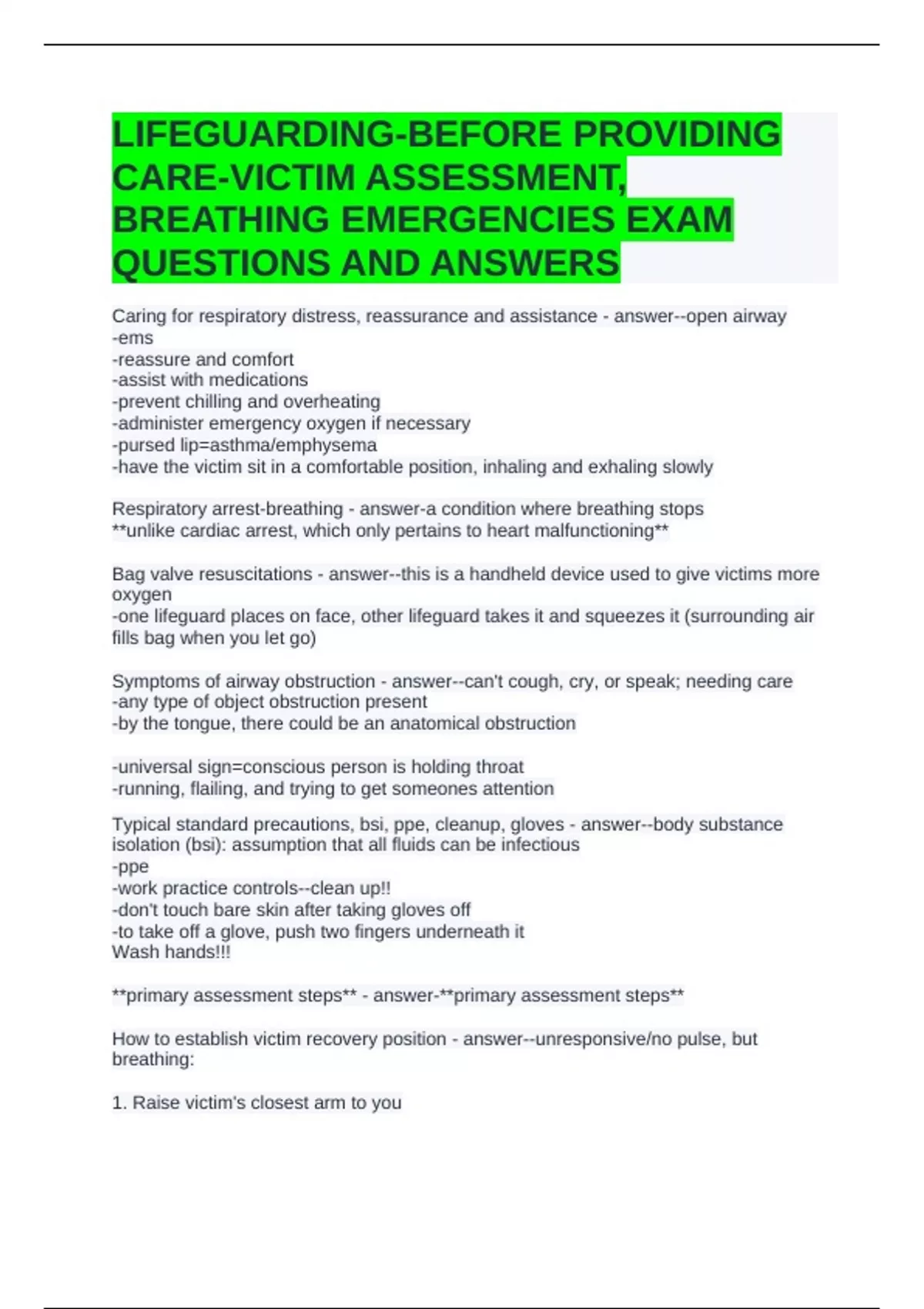 LIFEGUARDING-BEFORE PROVIDING CARE-VICTIM ASSESSMENT, BREATHING ...