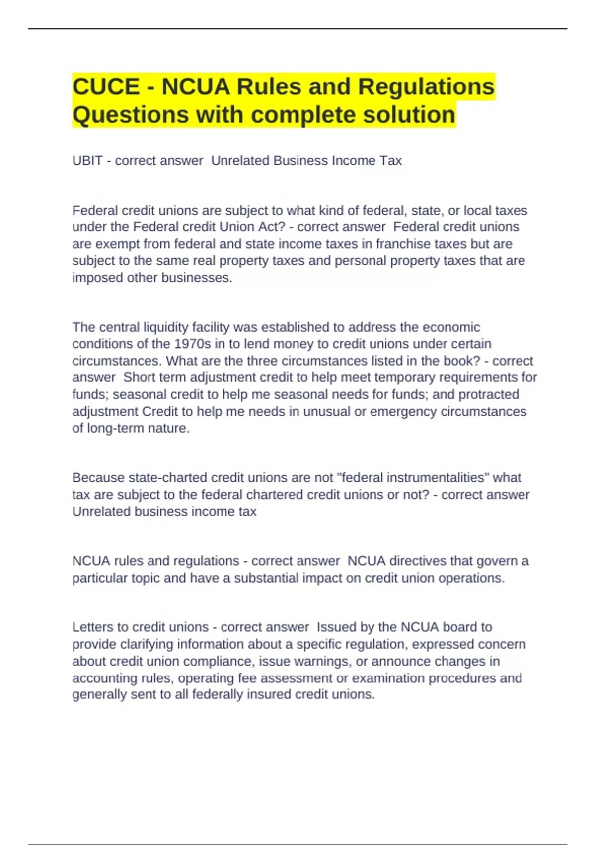 CUCE - NCUA Rules and Regulations Questions with complete solution - CUCE - NCUA Rules and ...