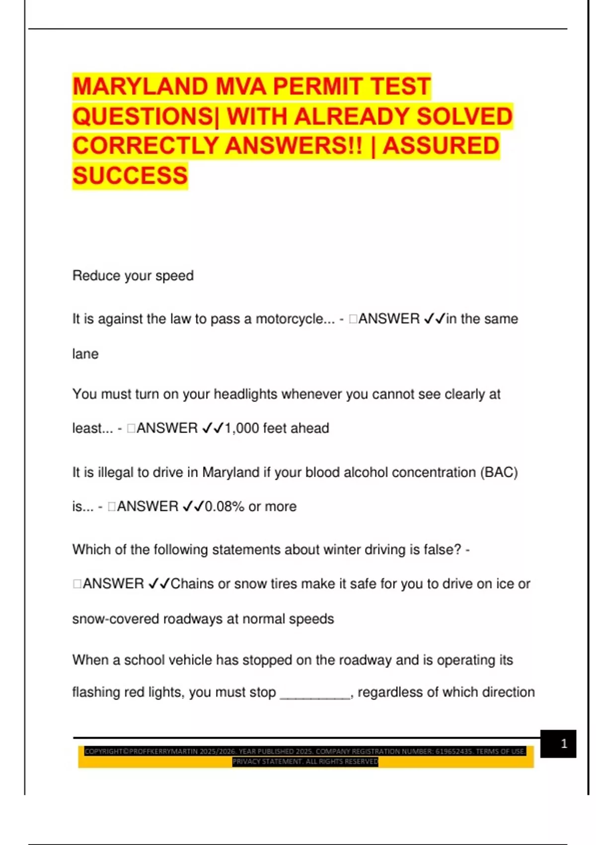 MARYLAND MVA PERMIT TEST QUESTIONS| WITH ALREADY SOLVED CORRECTLY ...