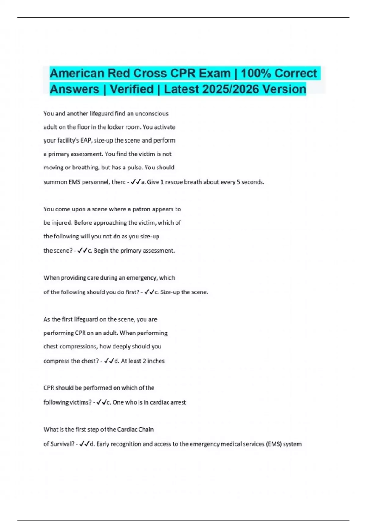 American Red Cross CPR Exam | 100% Correct Answers | Verified | Latest ...