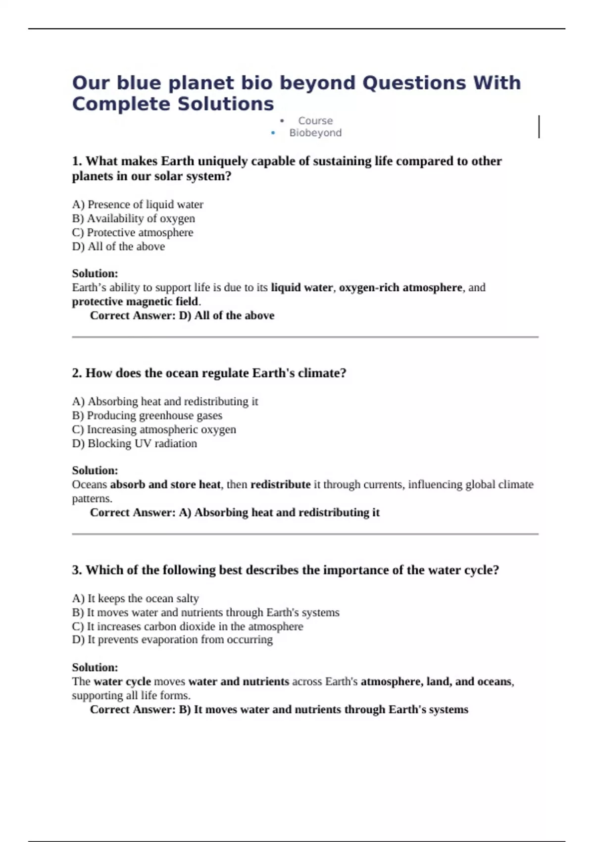 Our blue planet bio beyond Questions With Complete Solutions ...